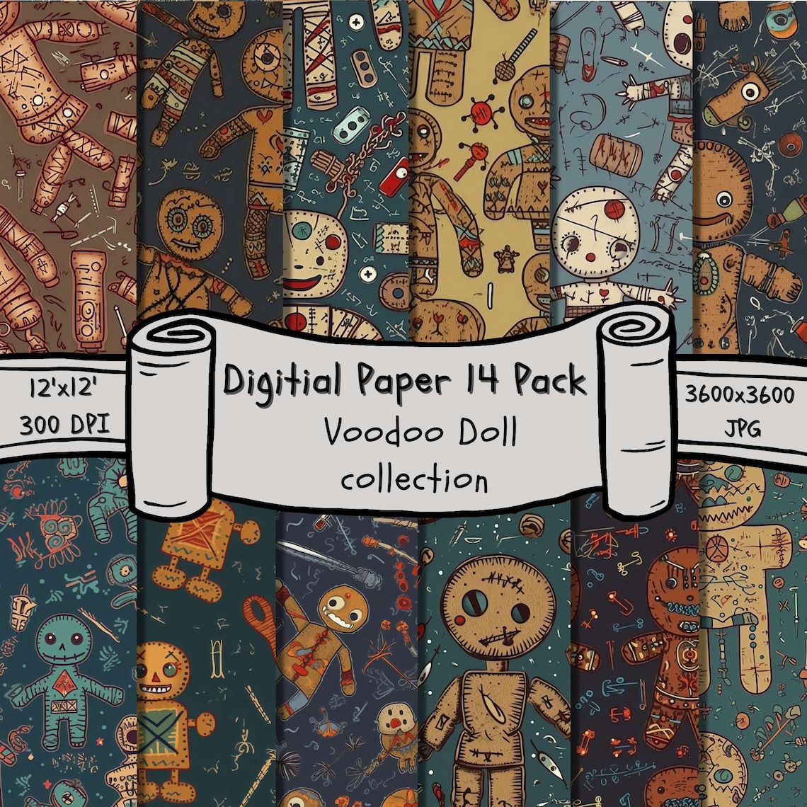 Voodoo Doll Digital Paper, Halloween Pattern, Amigurumi Pattern ...