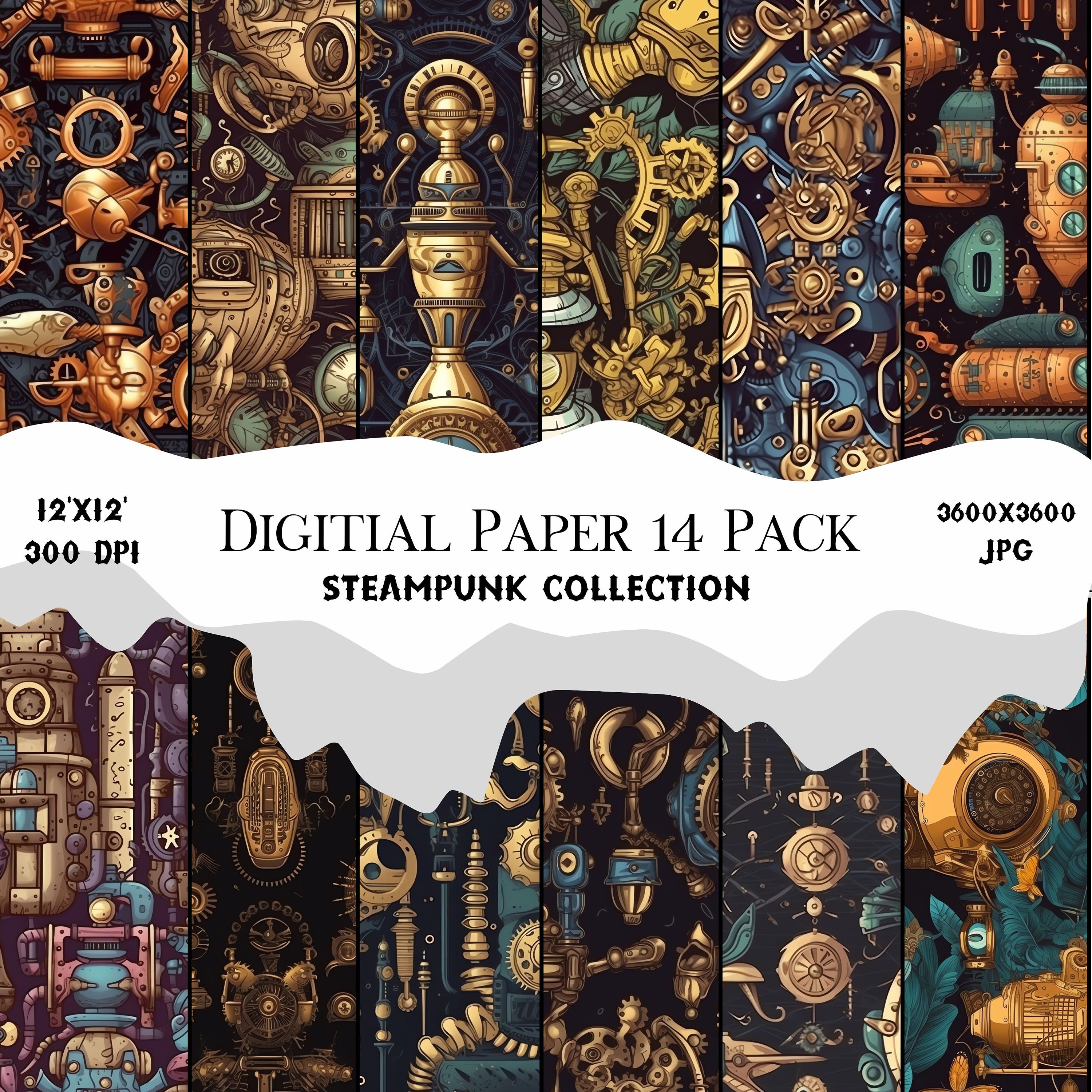 Surrealist Steampunk Digital Paper Pack - 14 Patterns With Gears ...