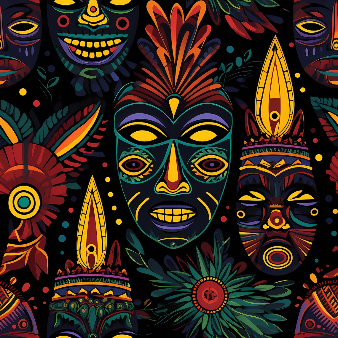 African Ritual Mask Seamless Patterns Exotic Tribal Art Digital ...