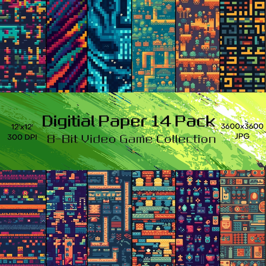 Retro 8-bit Video Game Digital Paper Pack, 14 Digital Patterns, 12x12 ...