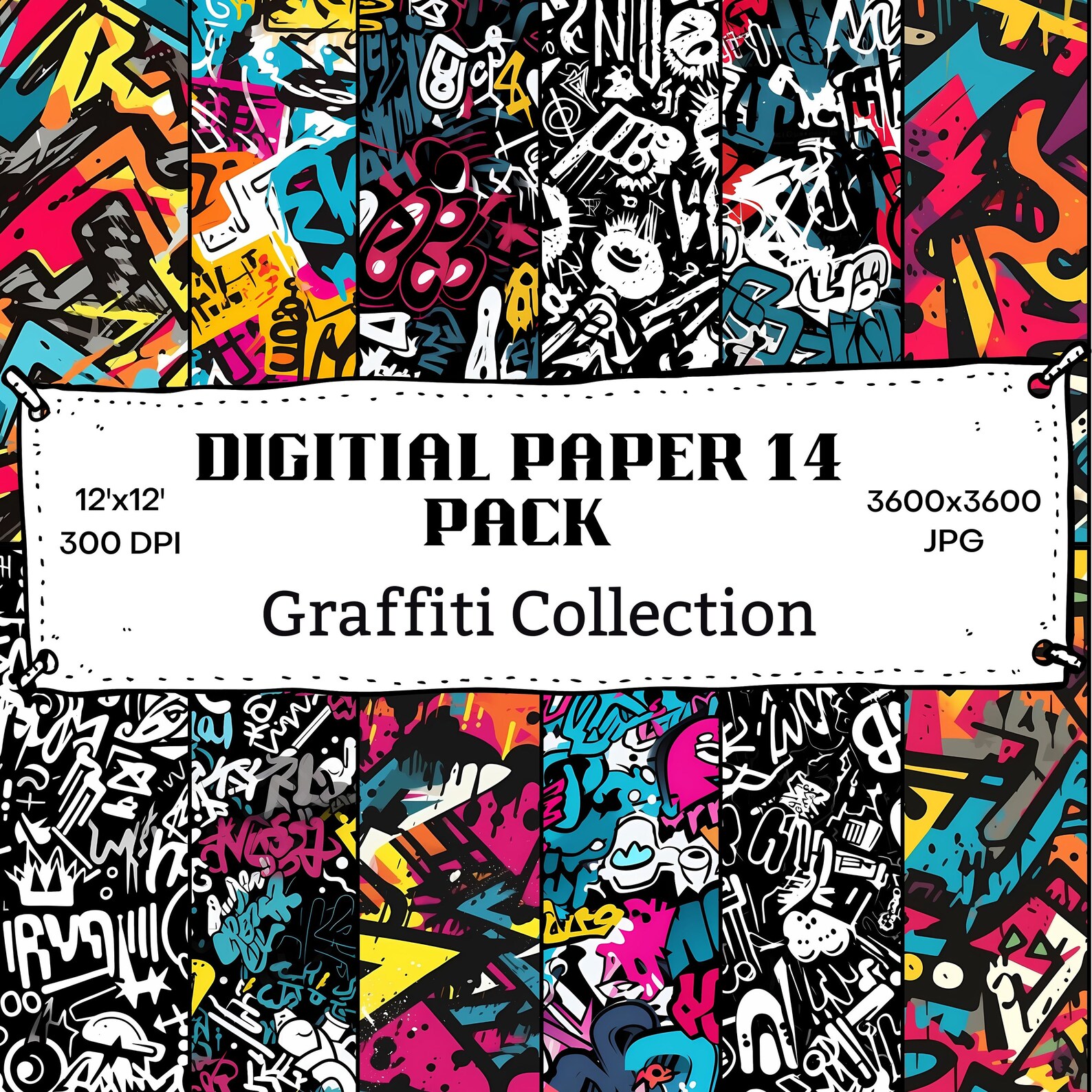 Urban Graffiti Digital Patterns, Seamless Design Pack, 14 Vibrant JPG ...