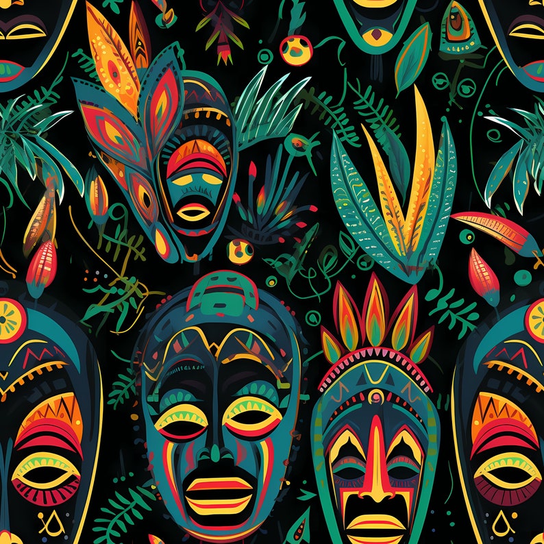 African Ritual Mask Seamless Patterns - Exotic Tribal Art Digital ...