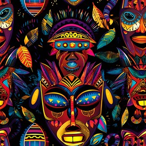 African Ritual Mask Seamless Patterns - Exotic Tribal Art Digital ...