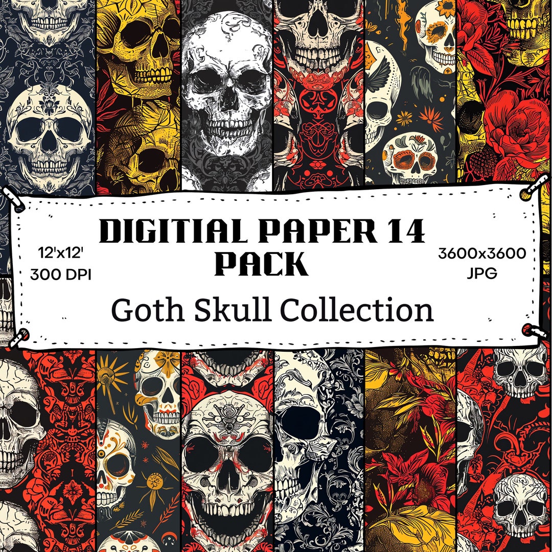 Goth Skull Seamless Patterns: Voodoo Creepy Digital Paper (12x12", 300 ...