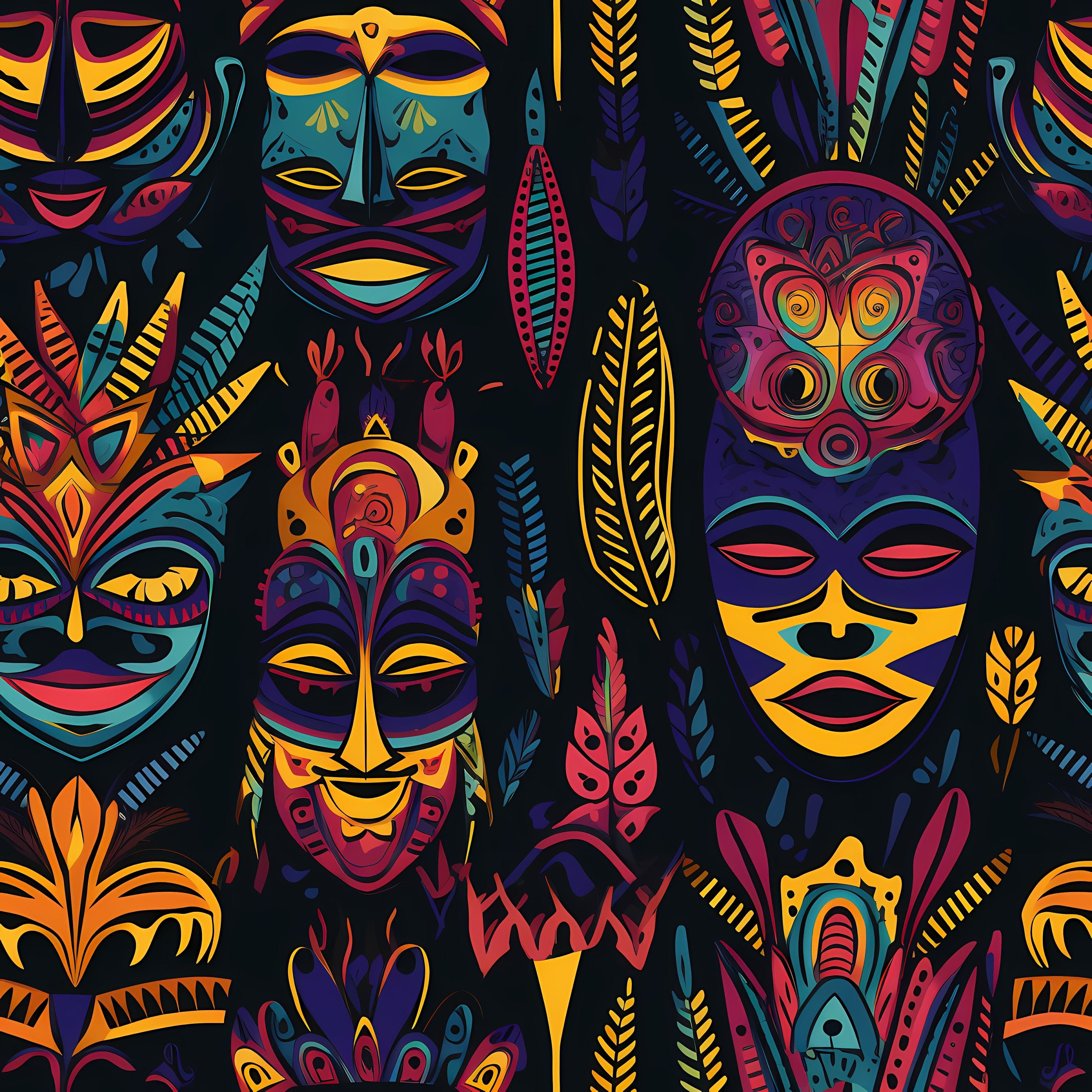 African Ritual Mask Seamless Patterns - Exotic Tribal Art Digital ...