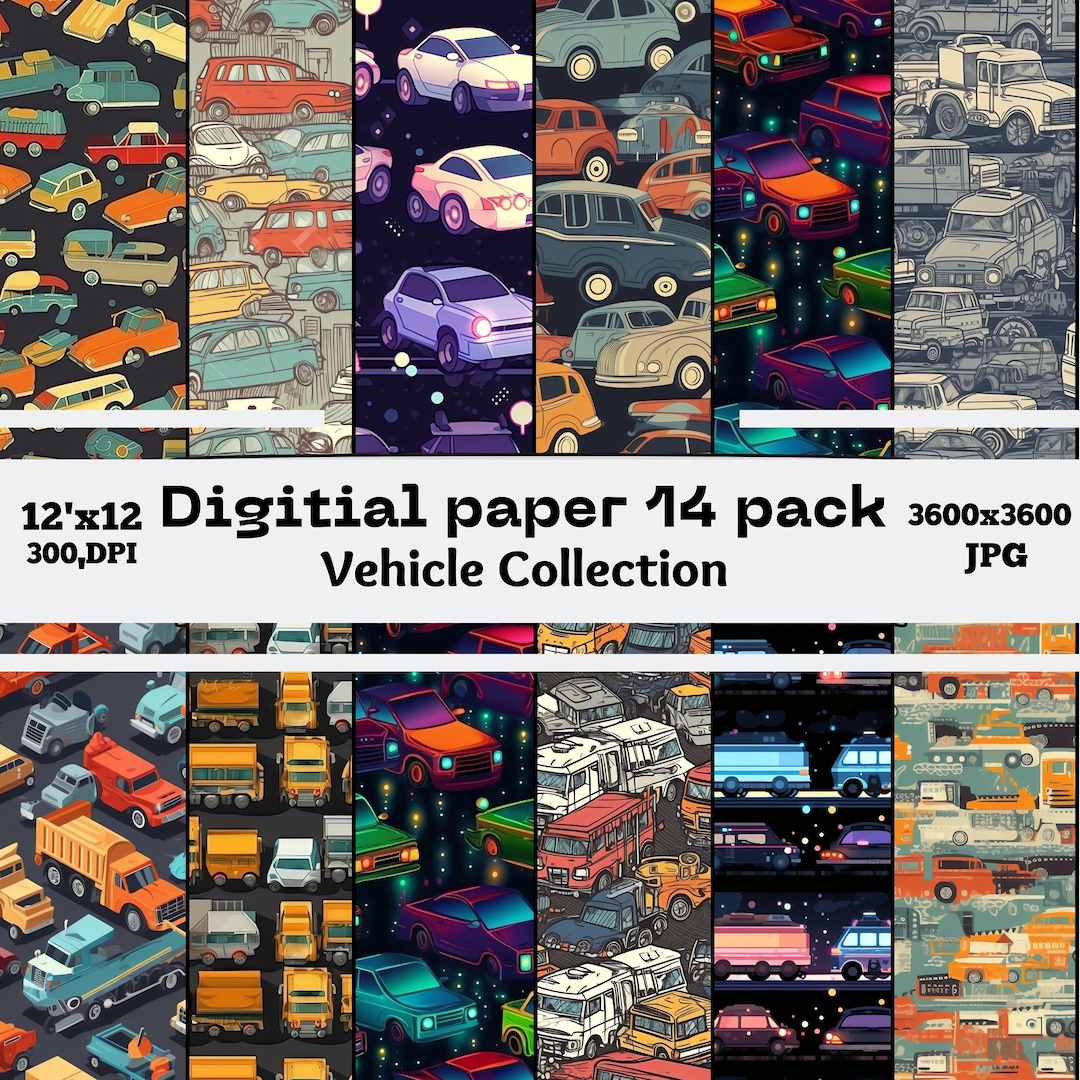 Vehicle-themed Digital Seamless Patterns Pack - Cars, Trucks, Buses ...