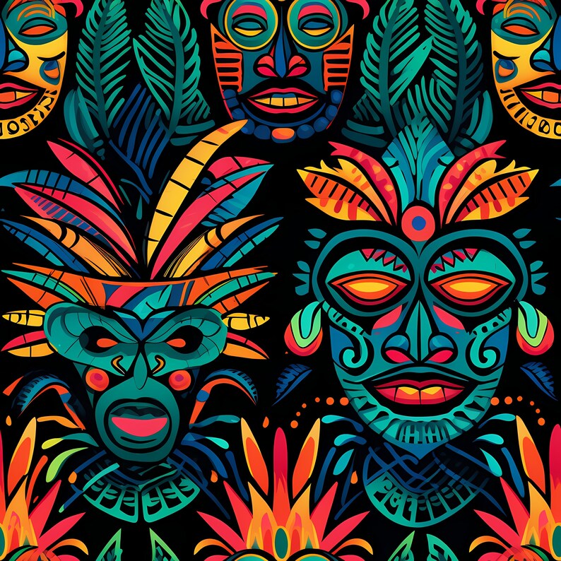 African Ritual Mask Seamless Patterns - Exotic Tribal Art Digital ...