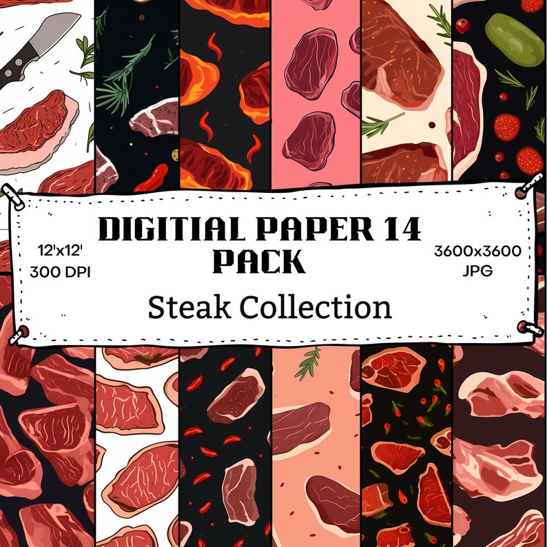 Sizzling Steak-themed Seamless Patterns - 14 Juicy Jpgs for DIY ...