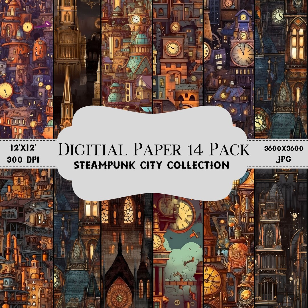 Steampunk Impressionism Cityscape Patterns - Seamless Digital Pack - 14 Unique Designs ...