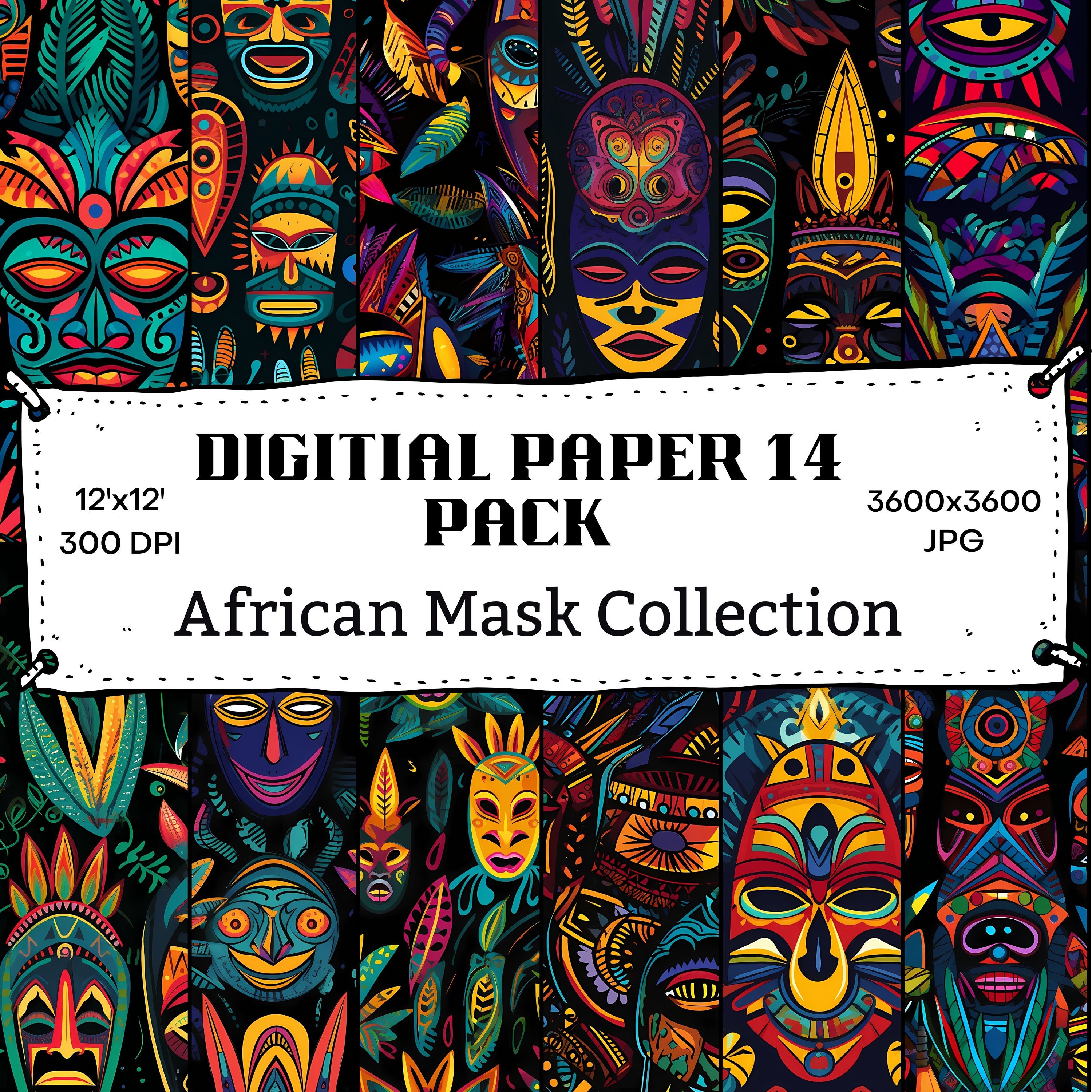 African Ritual Mask Seamless Patterns - Exotic Tribal Art Digital ...