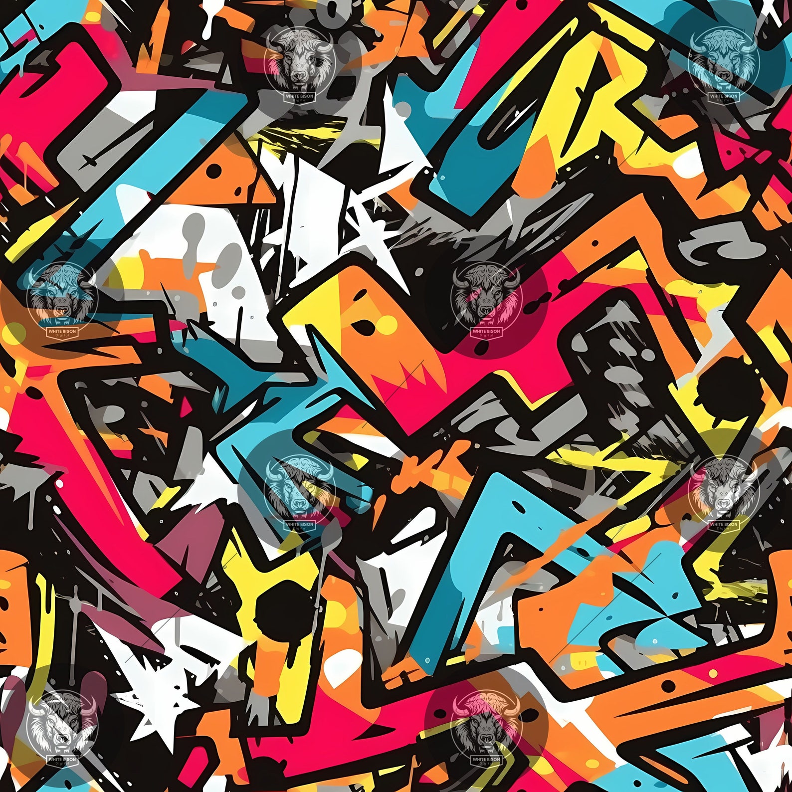 Urban Graffiti Digital Patterns, Seamless Design Pack, 14 Vibrant JPG ...