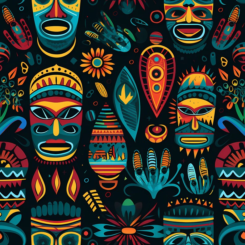 African Ritual Mask Seamless Patterns - Exotic Tribal Art Digital ...
