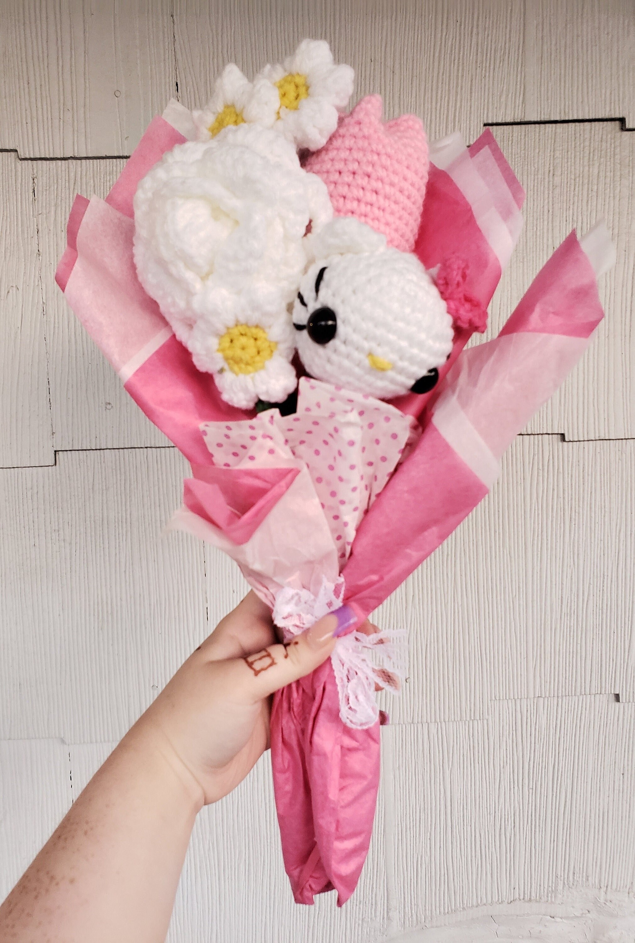 Small Version: Hello Kitty Flower Bouquet, Crochet Flower Bouquet, Pink ...