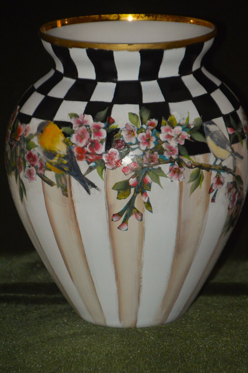 Whimsical Hand-painted and Decorated With Birds Heavy Glass Vase. 8.5h ...