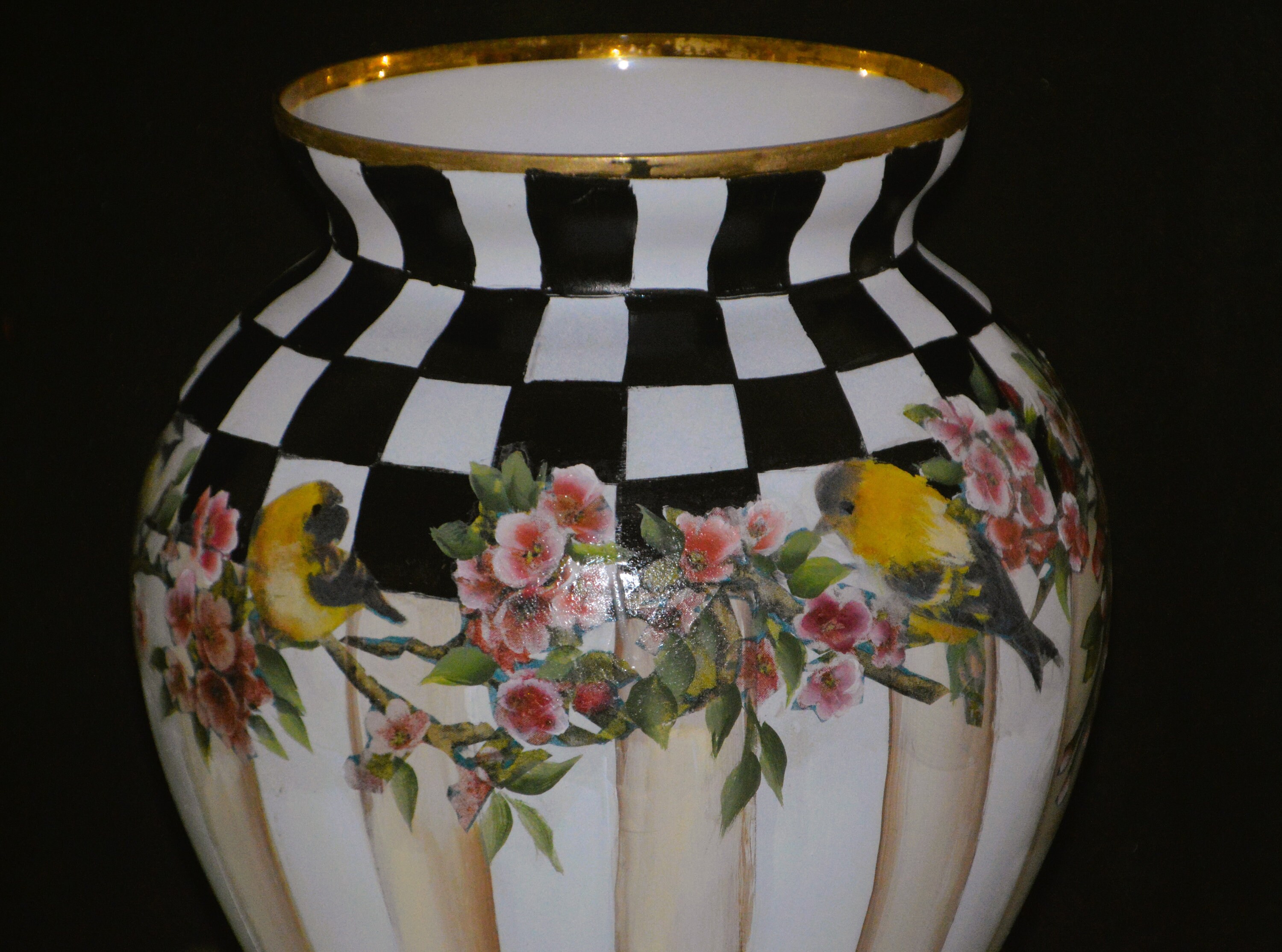 Whimsical Hand-painted and Decorated With Birds Heavy Glass Vase. 8.5h ...