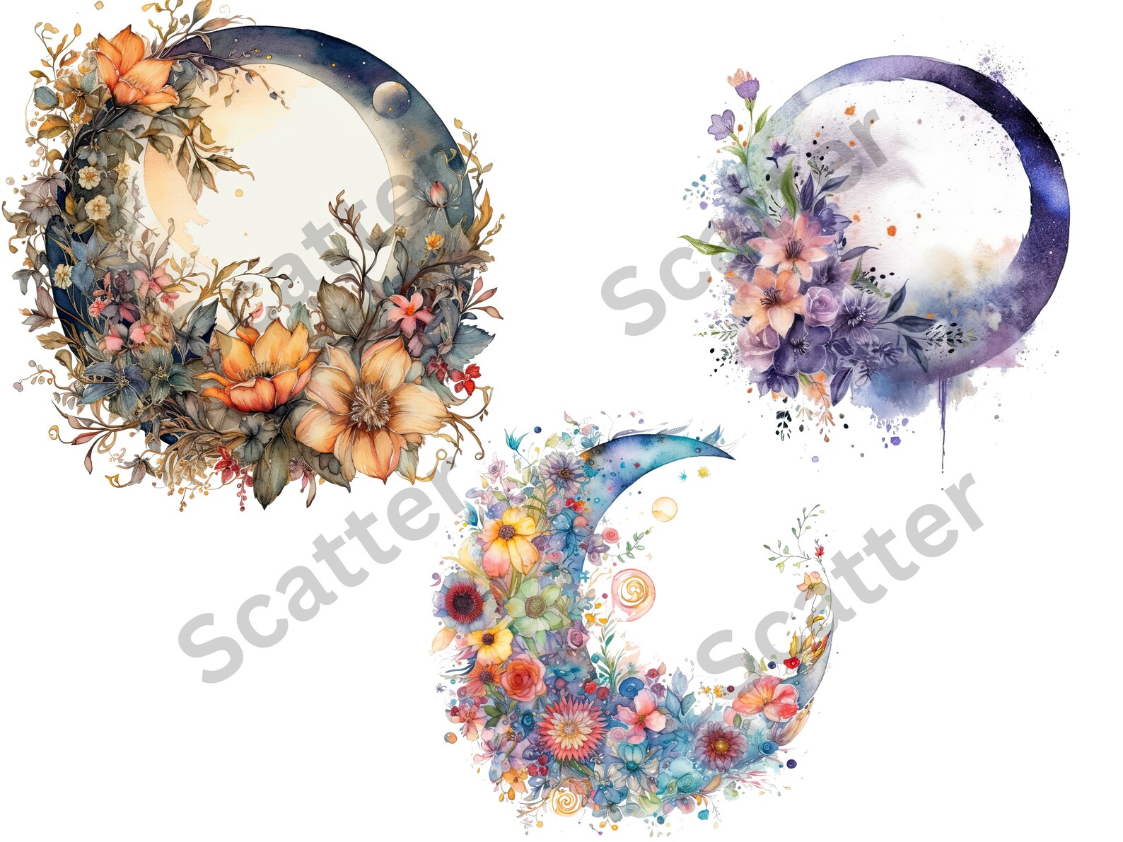 Cottagecore Watercolor Moon Clipart | Floral Moon | Owl and Moon PNG ...