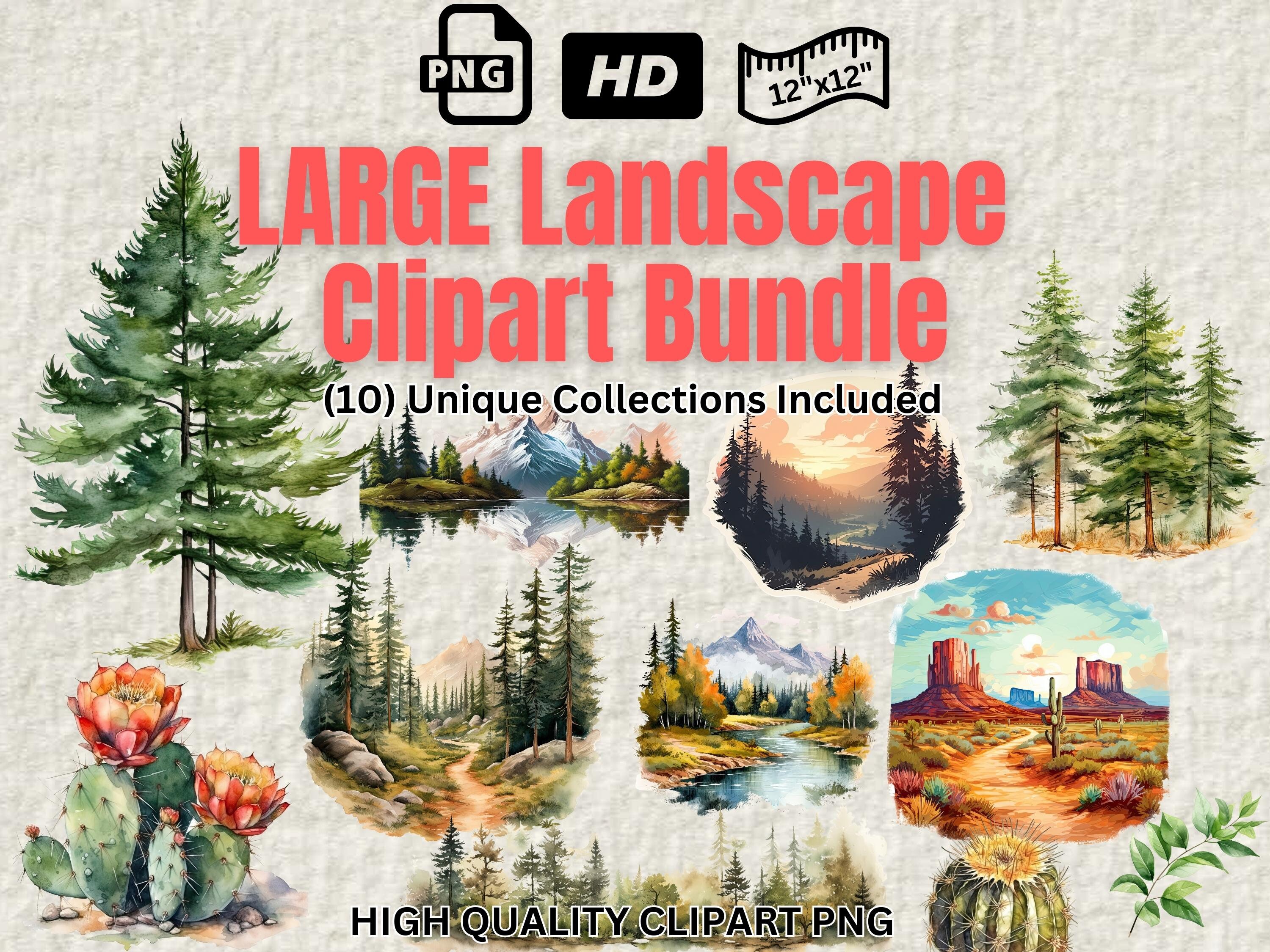 Landscape Bundle Clipart | Mountain Clipart | Tree Clipart | Cactus PNG ...