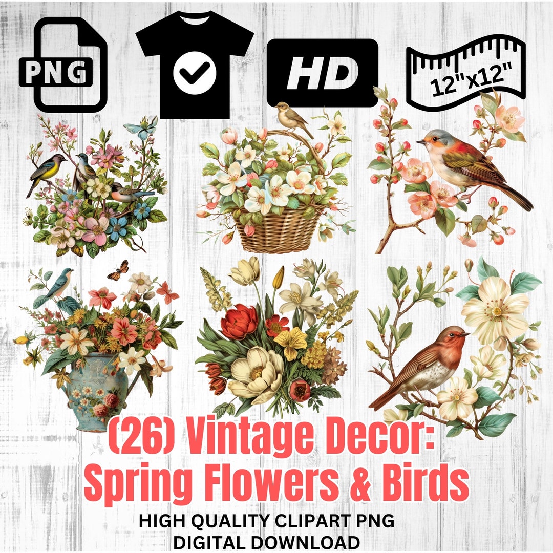 Vintage Spring Decor: Flowers & Birds | Vintage Flower Clipart | Floral ...