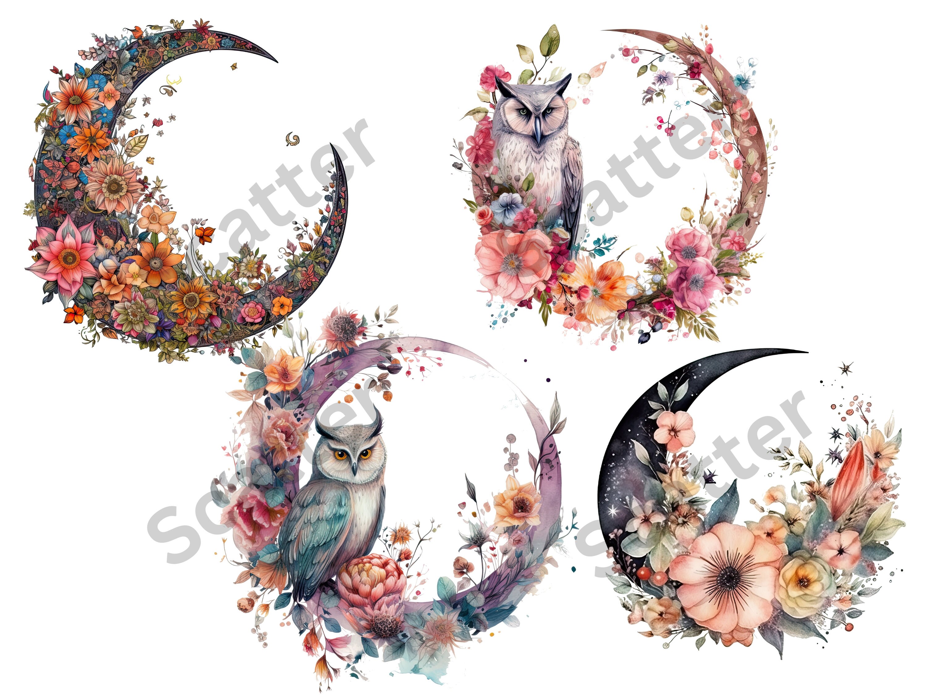 Cottagecore Watercolor Moon Clipart | Floral Moon | Owl and Moon PNG ...