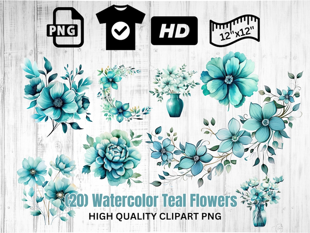 Watercolor Teal Flower Clipart | Teal Flower PNG | Teal Wildflowers ...
