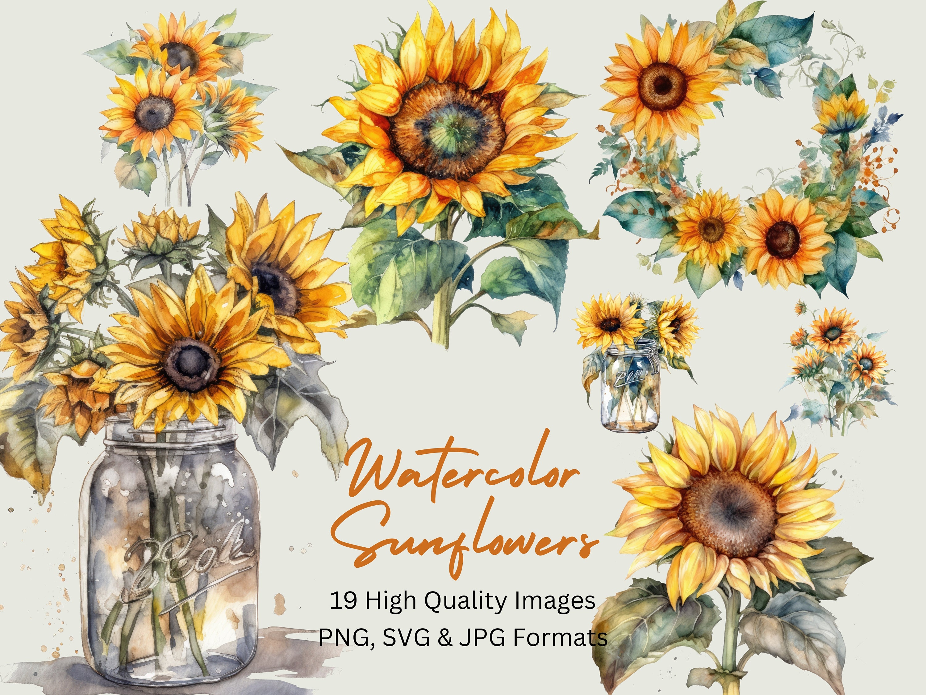 Watercolor Sunflowers Clipart, PNG, Floral Bouquets, Wreath, SVG Free ...