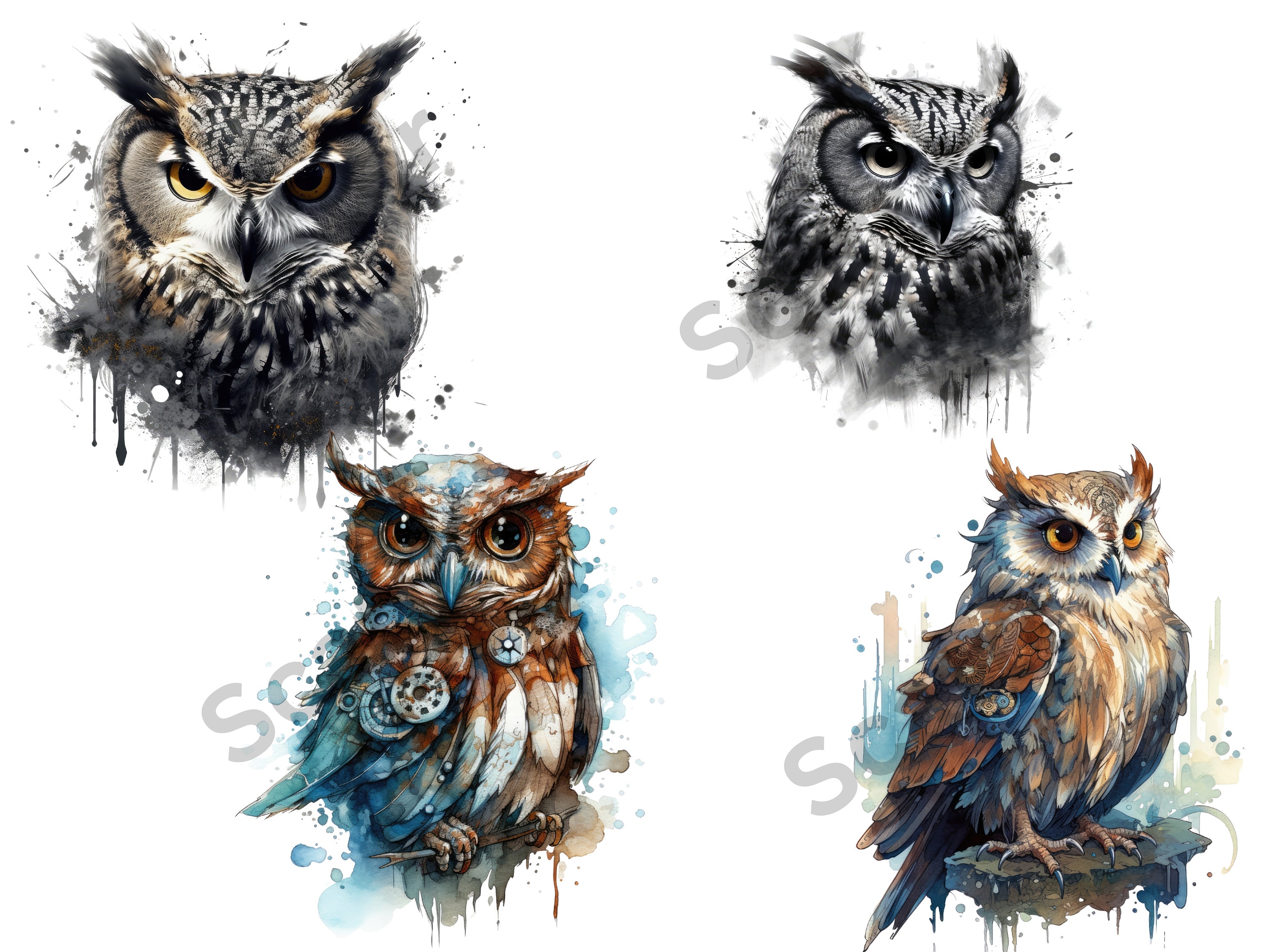 Watercolor Fantasy Owls Owl Clipart Fantasy Clipart Owl PNG Owl SVG ...