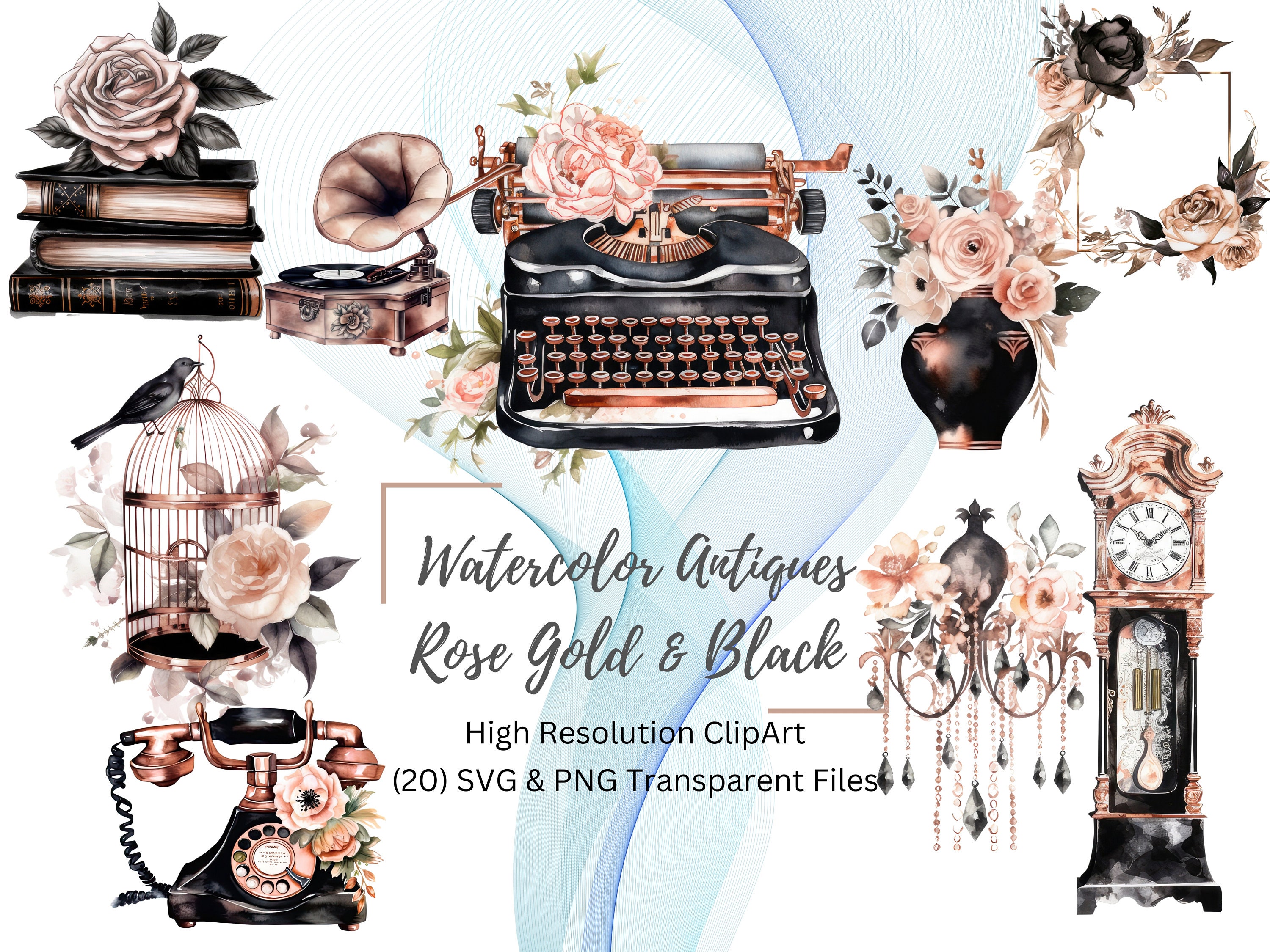 Watercolor Antiques Rose Gold & Black Clipart Watercolor Clipart ...