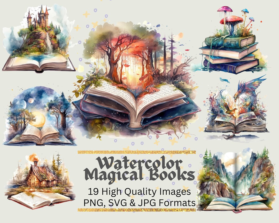 Watercolor Magical Books Clipart | Reading Fantasy Book | Magic Book ...