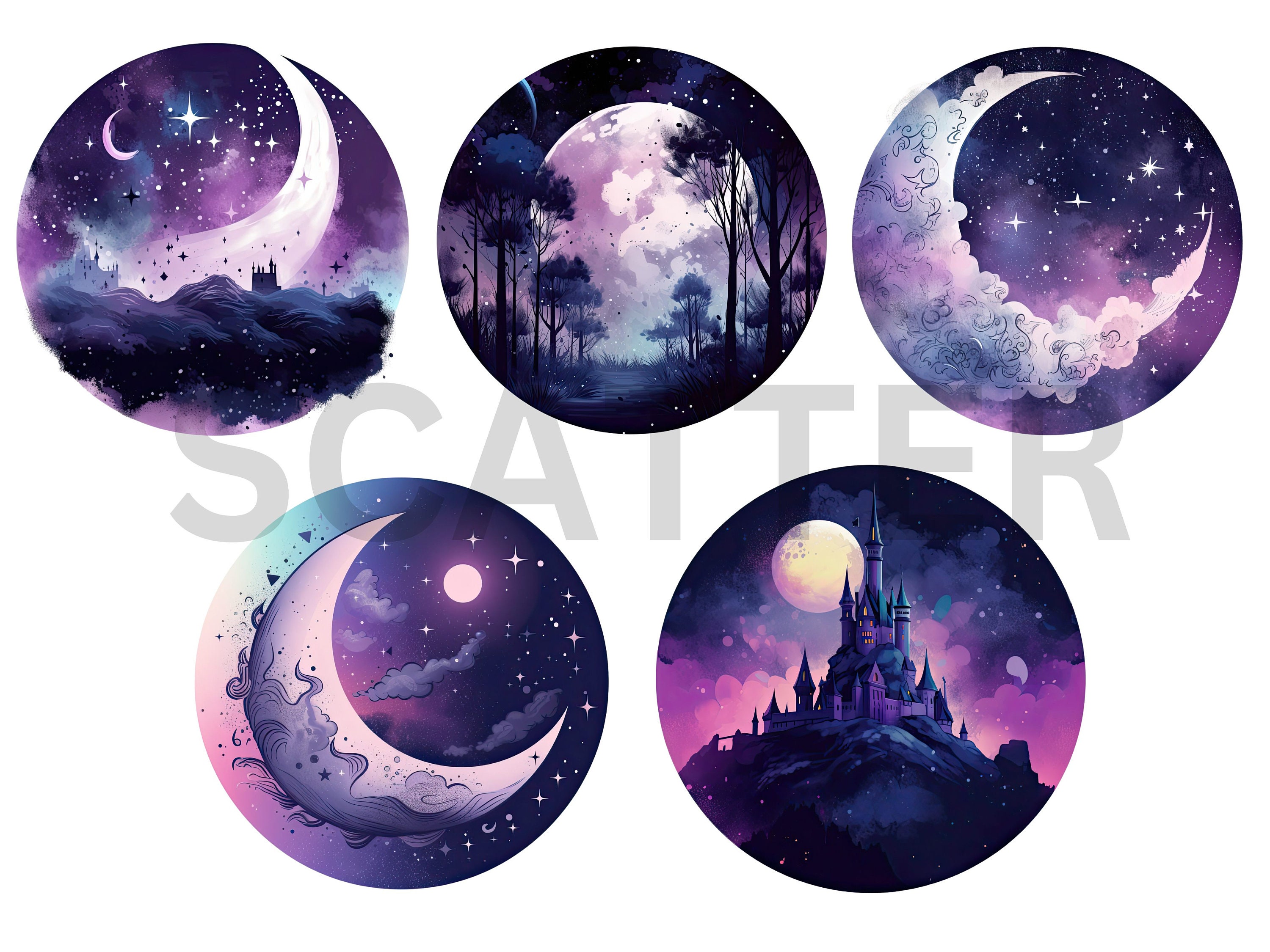 Watercolor Mystical Moons Clipart Purple Fantasy Moon Celestial Witch ...