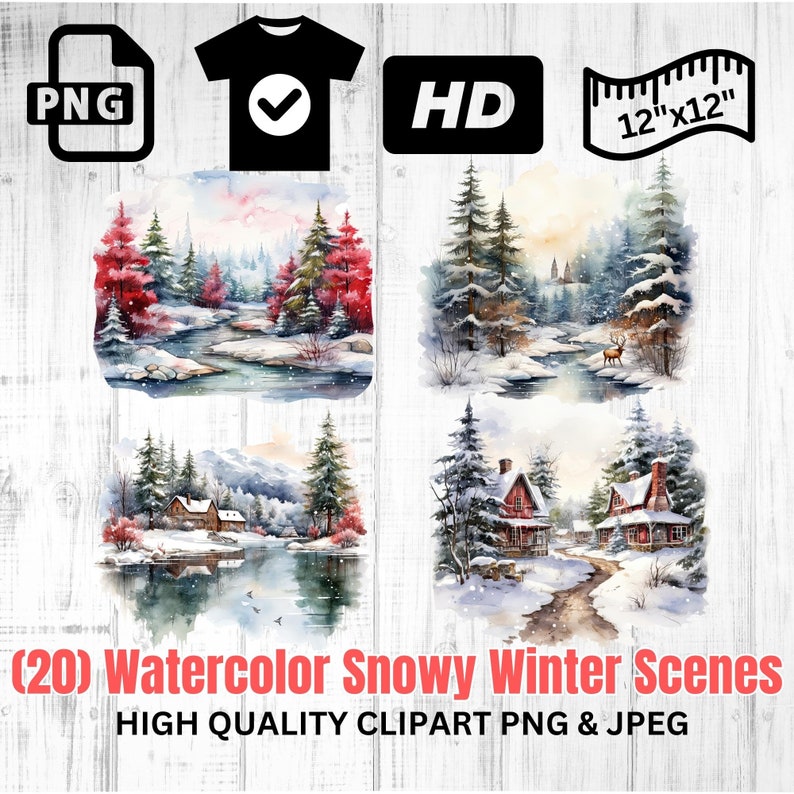 Watercolor Snowy Winter Scenes Clipart | Christmas Scene Clipart ...