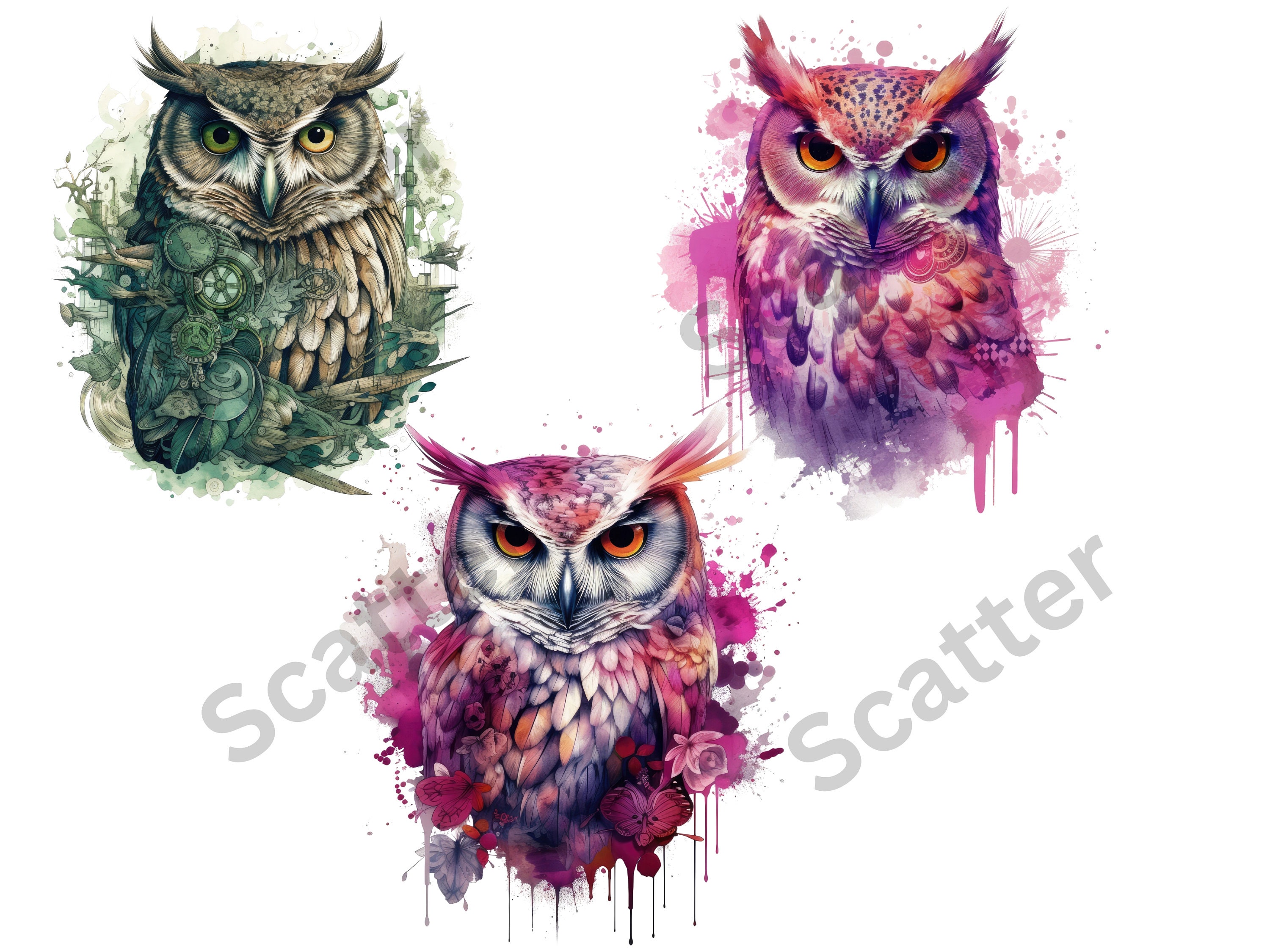 Watercolor Fantasy Owls Owl Clipart Fantasy Clipart Owl PNG Owl SVG ...