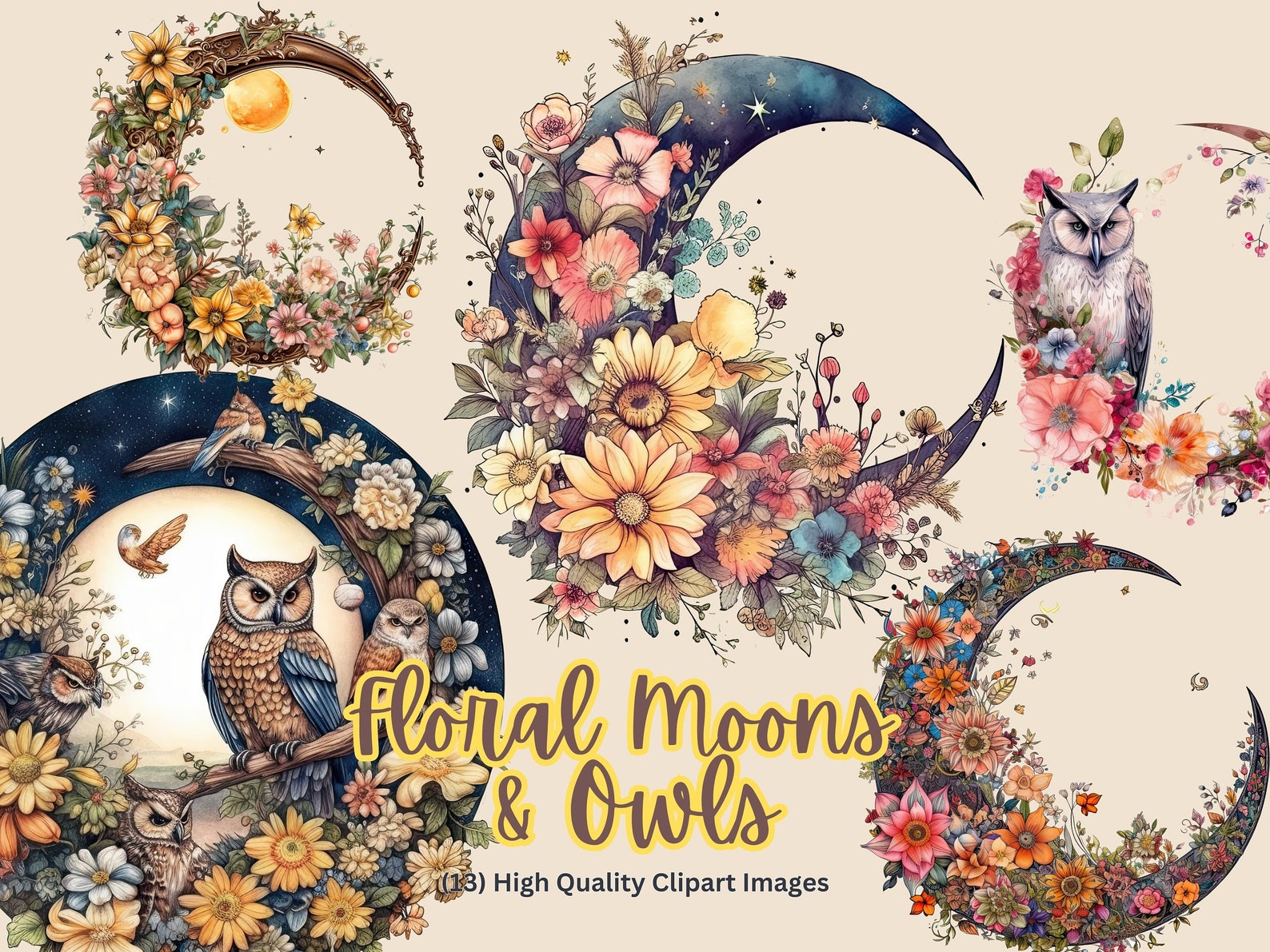 Cottagecore Watercolor Moon Clipart | Floral Moon | Owl and Moon PNG ...
