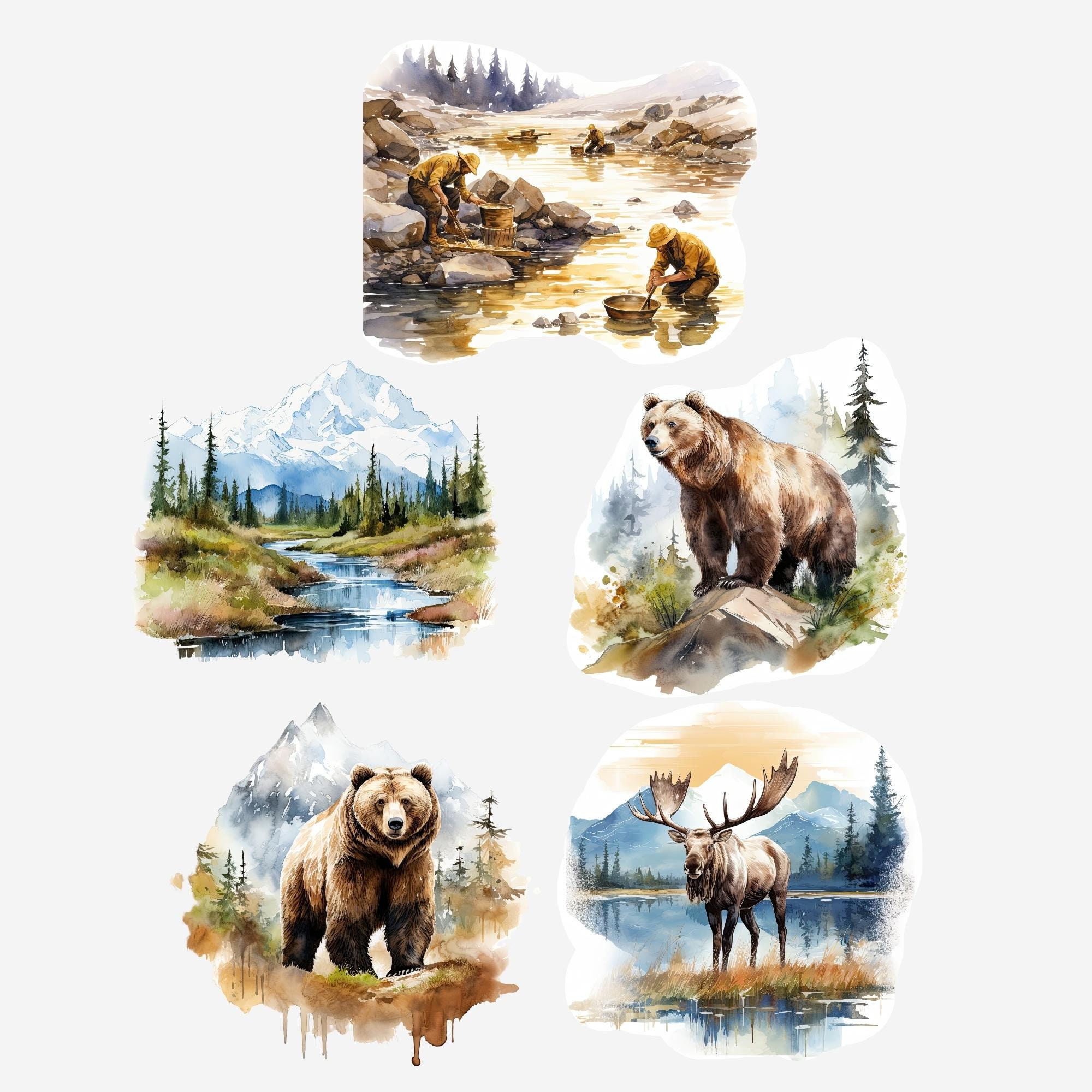 Watercolor Alaska Clipart Alaskan Clipart Grizzly Bear Moose Clipart ...