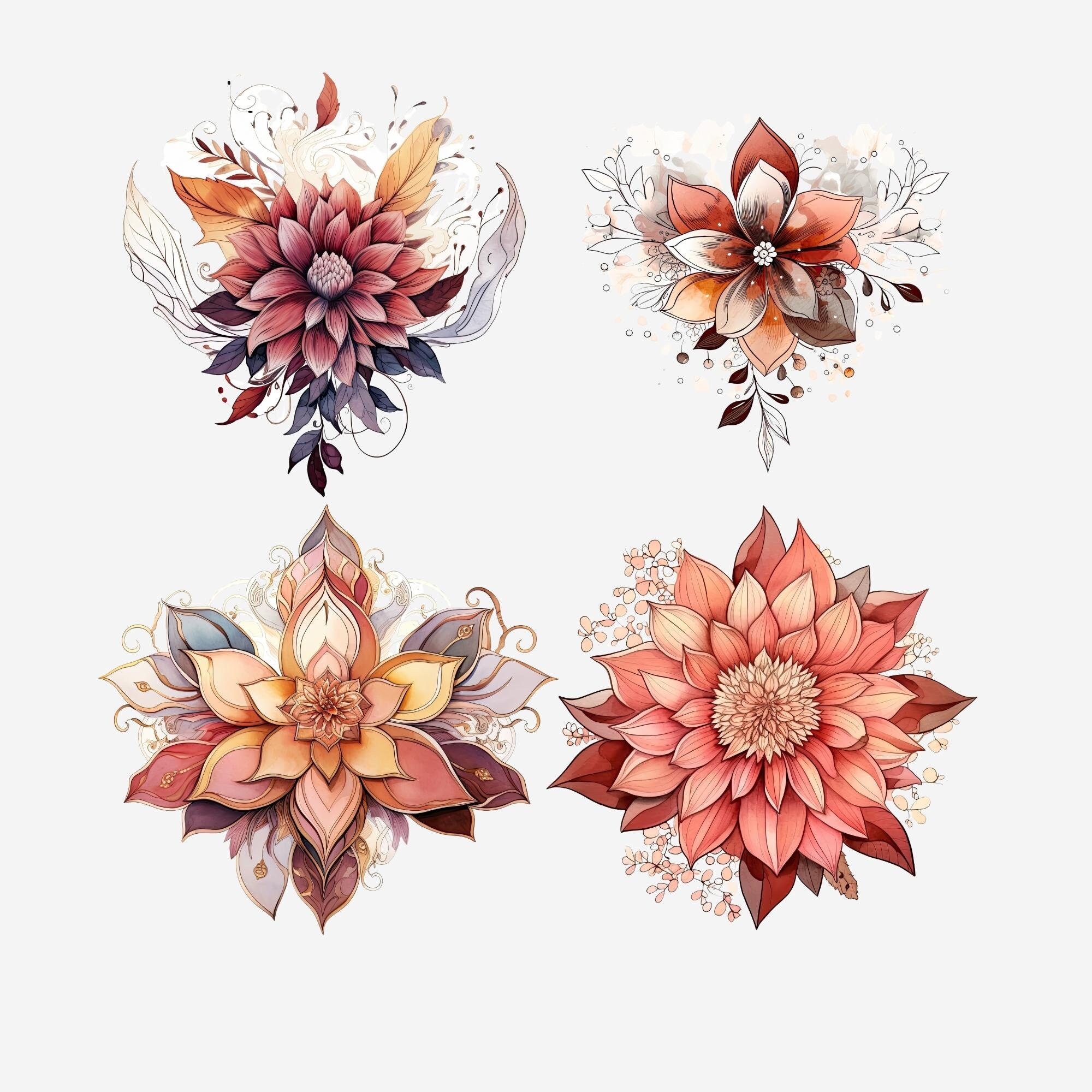 Watercolor Floral Line Art Flower Clipart | Flower Line Art | Flower ...