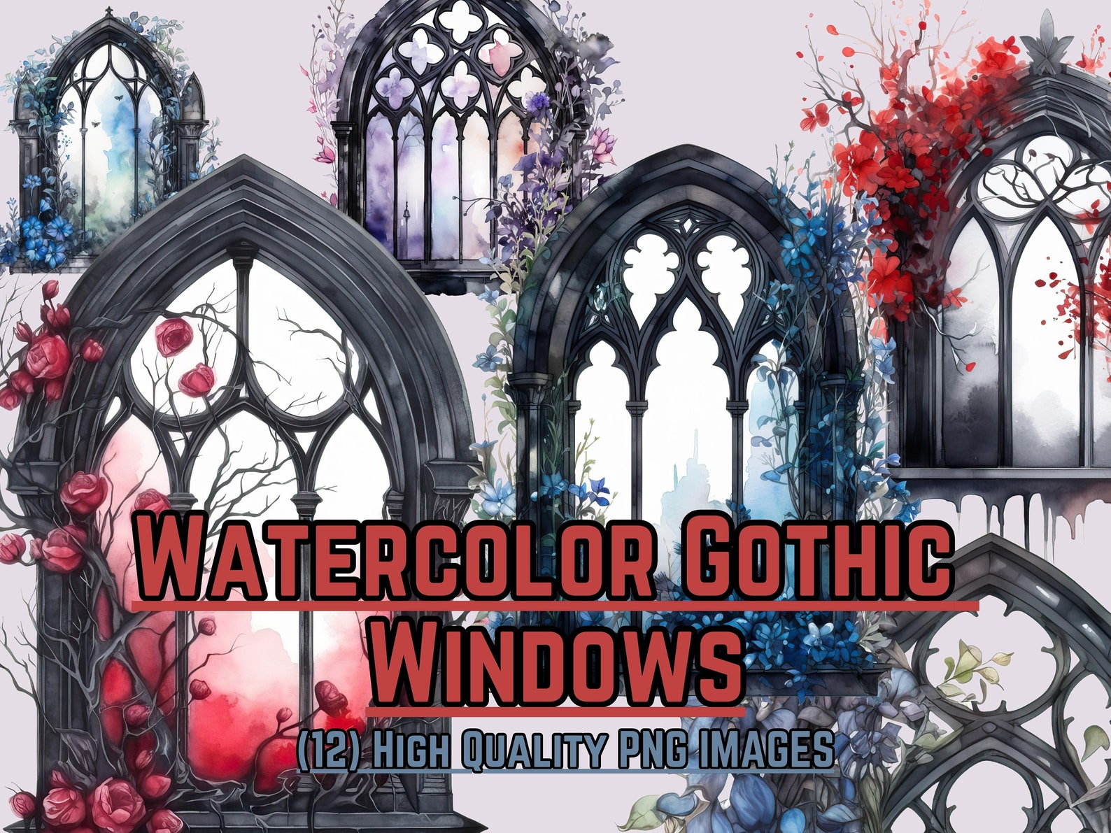 Watercolor Floral Gothic Windows Arch Clipart | Rose Windows PNG ...