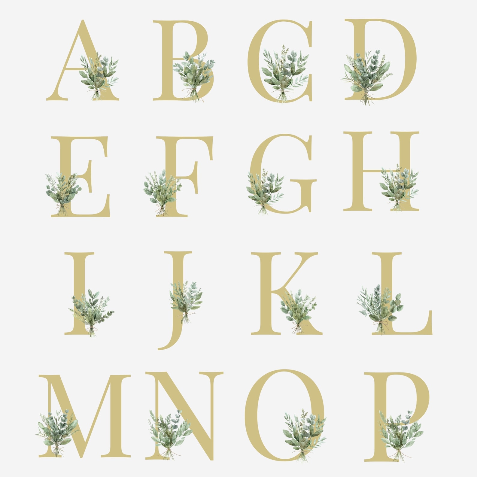 Elegant Sage & Gold Monogram Clipart - Sage Greenery, Alphabet and ...