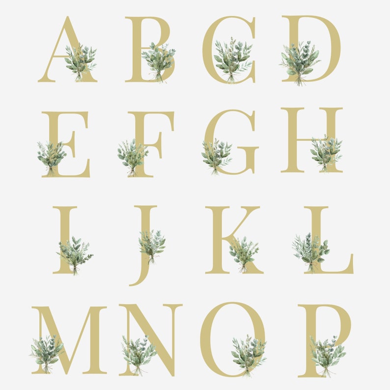 Elegant Sage & Gold Monogram Clipart - Sage Greenery, Alphabet and ...