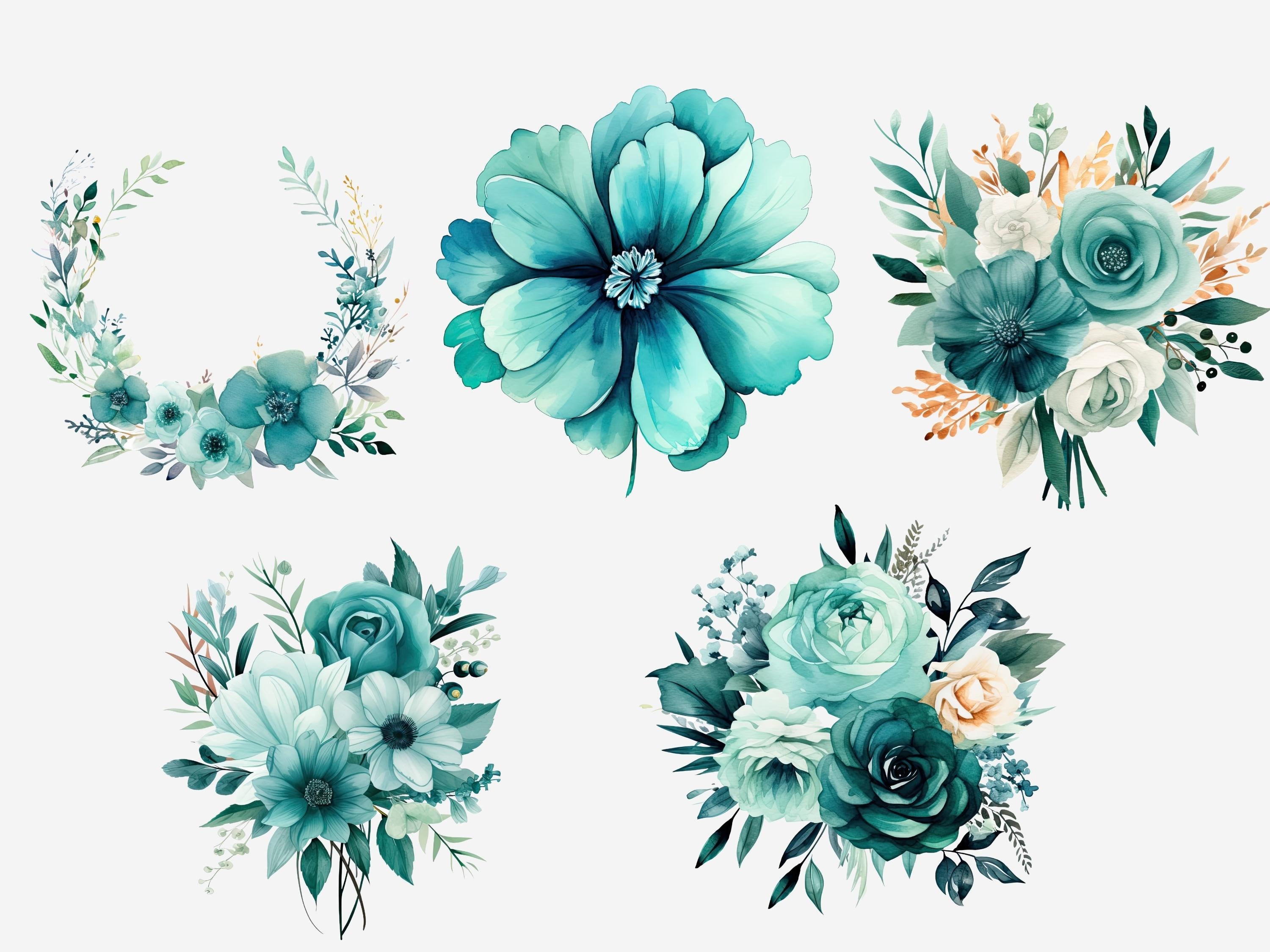 Watercolor Teal Flower Clipart Teal Flower PNG Teal Wildflowers Teal ...