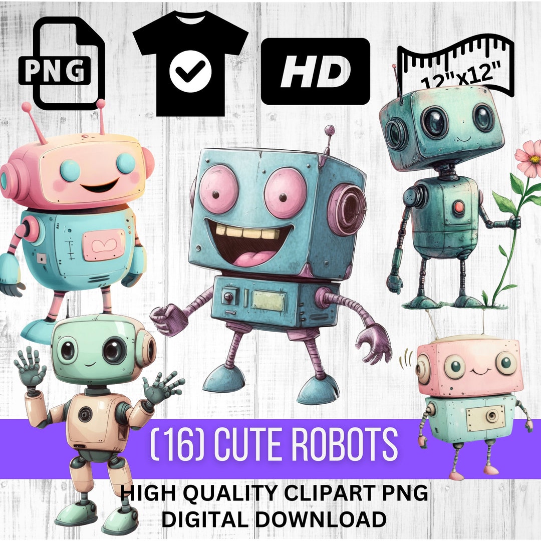 Cute Robots Digital Clipart Collection - 12"x12" Print Ready - Perfect ...