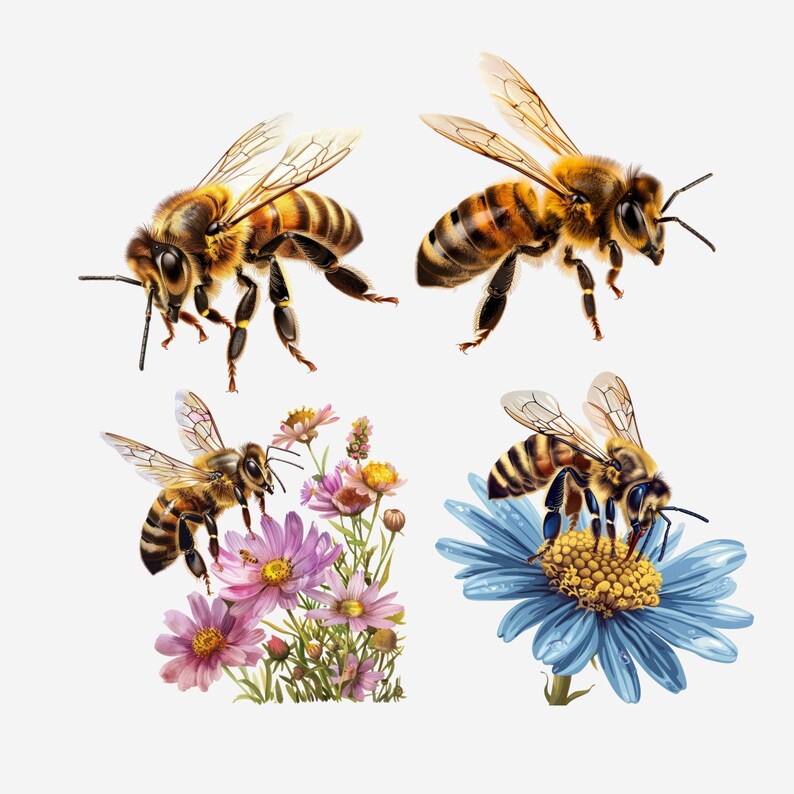 Honey Bee Clipart Flowers and Bees Spring Floral Instant Download PNG ...