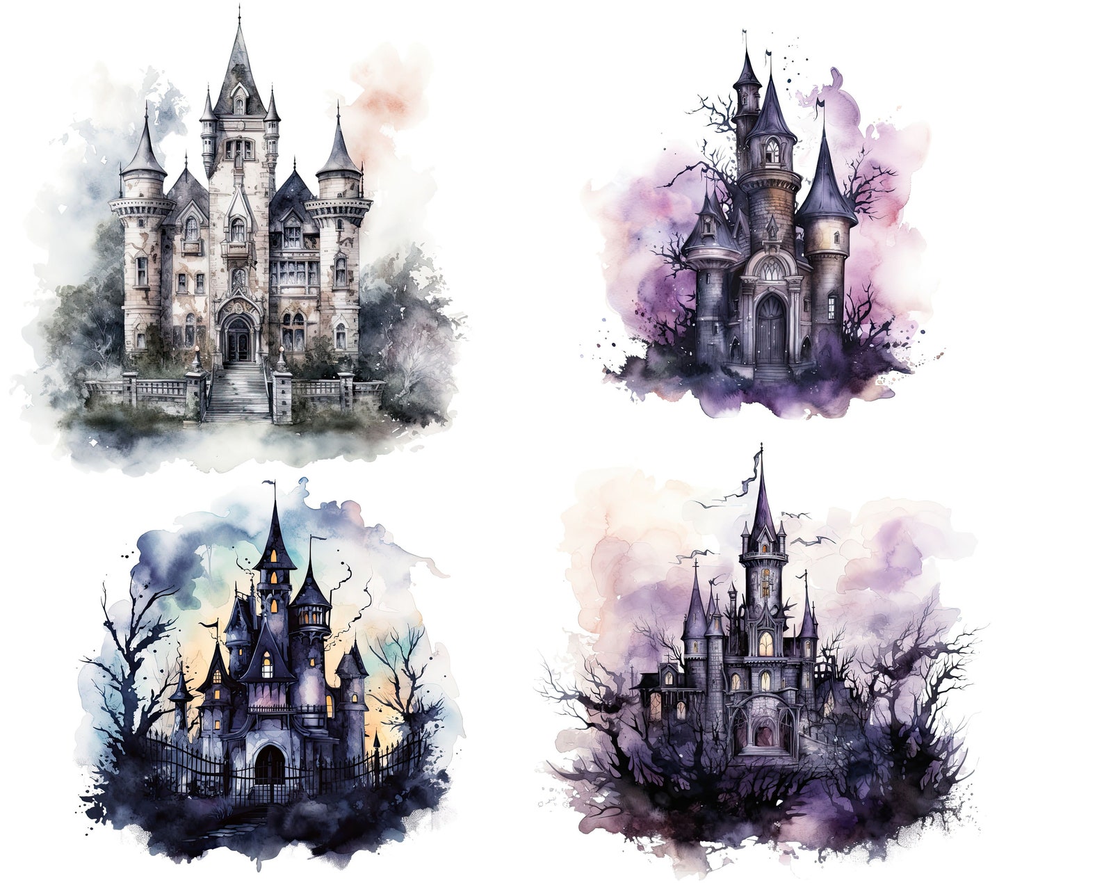 Watercolor Haunted Castle Clipart | Haunted House | Halloween Clipart ...