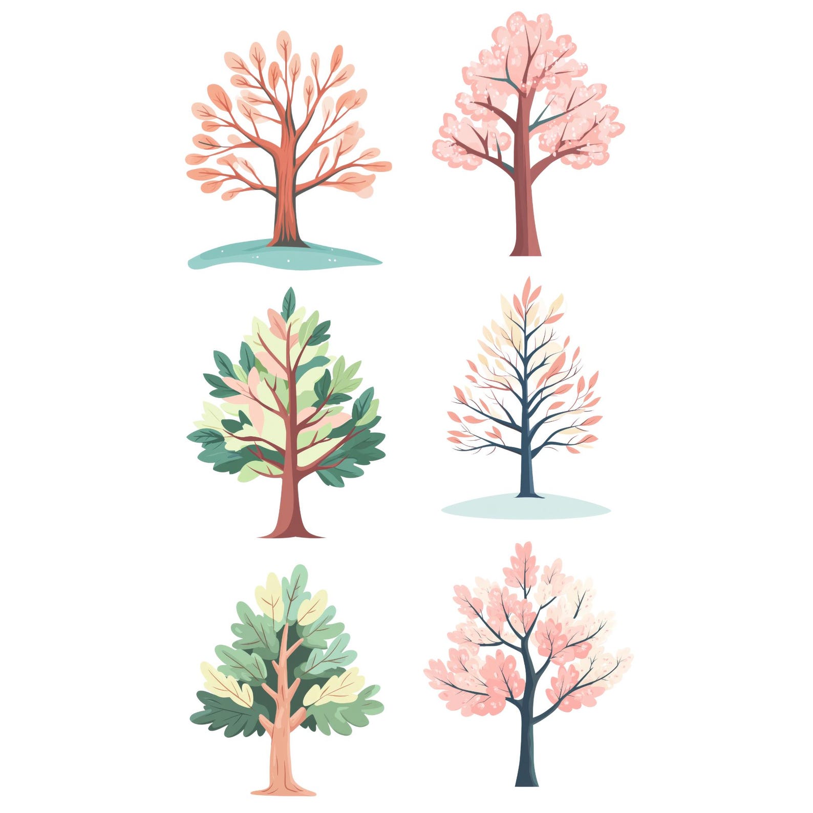 Pastel Cartoon Trees Clipart - Flat Design Nature Graphics, Digital ...