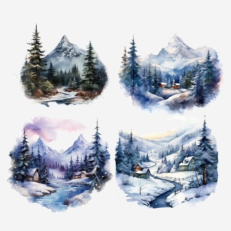 Watercolor Snowy Winter Scenes Clipart Christmas Scene Clipart Mountain ...