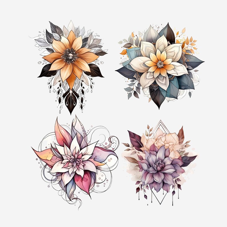 Watercolor Floral Line Art Flower Clipart | Flower Line Art | Flower ...