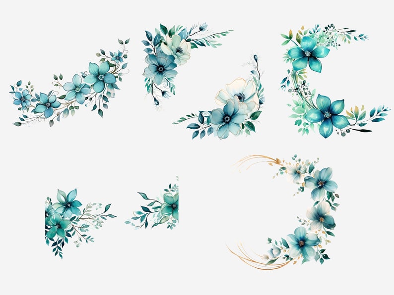 Watercolor Teal Flower Clipart Teal Flower PNG Teal Wildflowers Teal ...