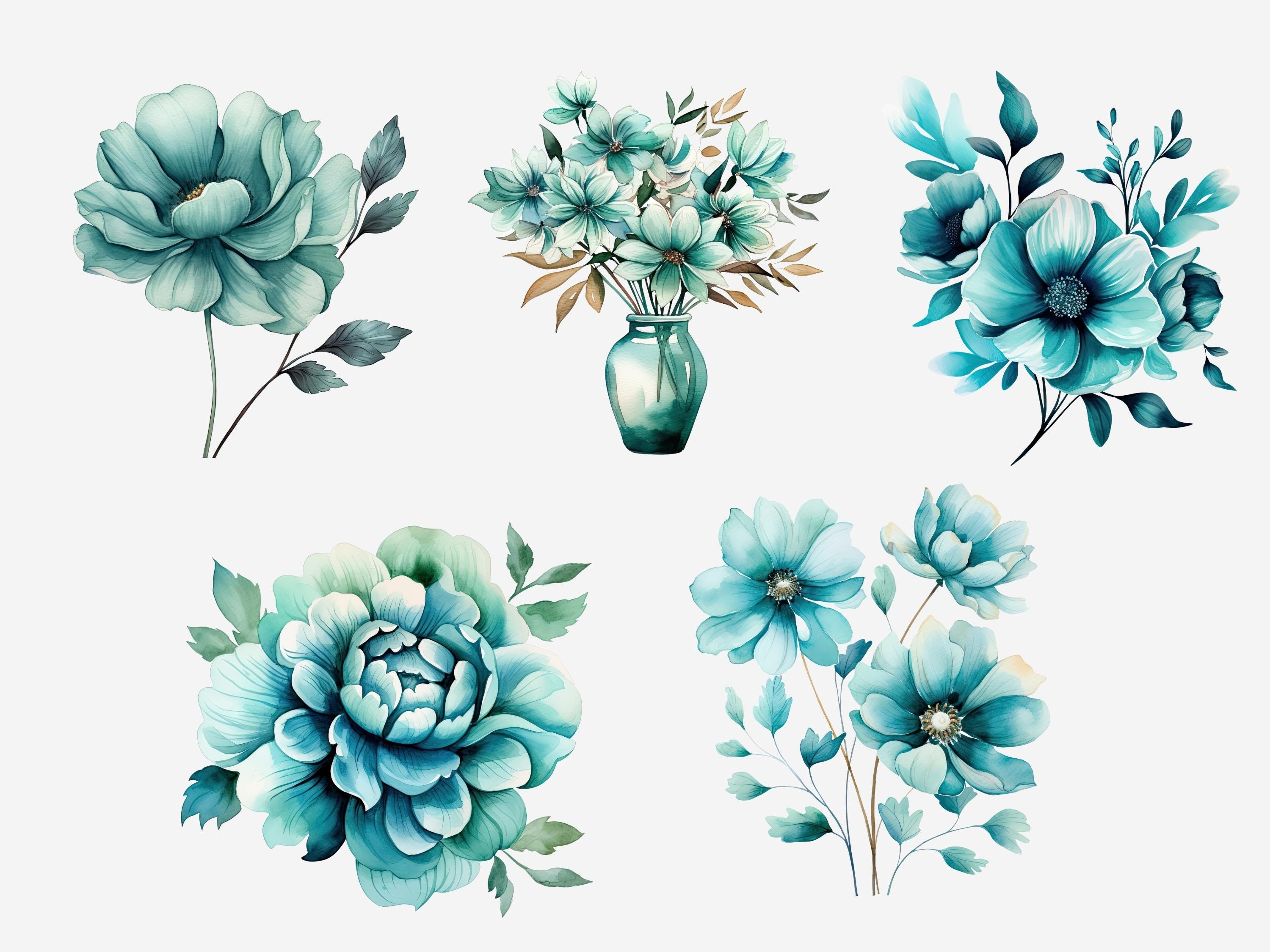 Watercolor Teal Flower Clipart Teal Flower PNG Teal - Etsy