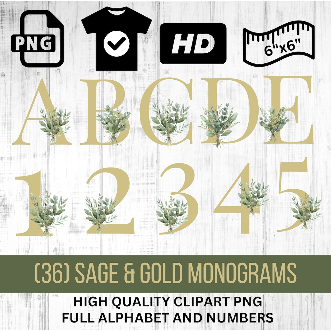 Elegant Sage & Gold Monogram Clipart - Sage Greenery, Alphabet and ...