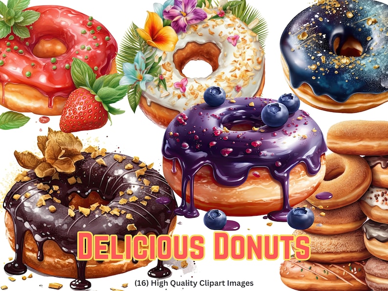 16-piece Digital Clipart Set of Delicious Donuts in PNG, SVG, and JPG ...