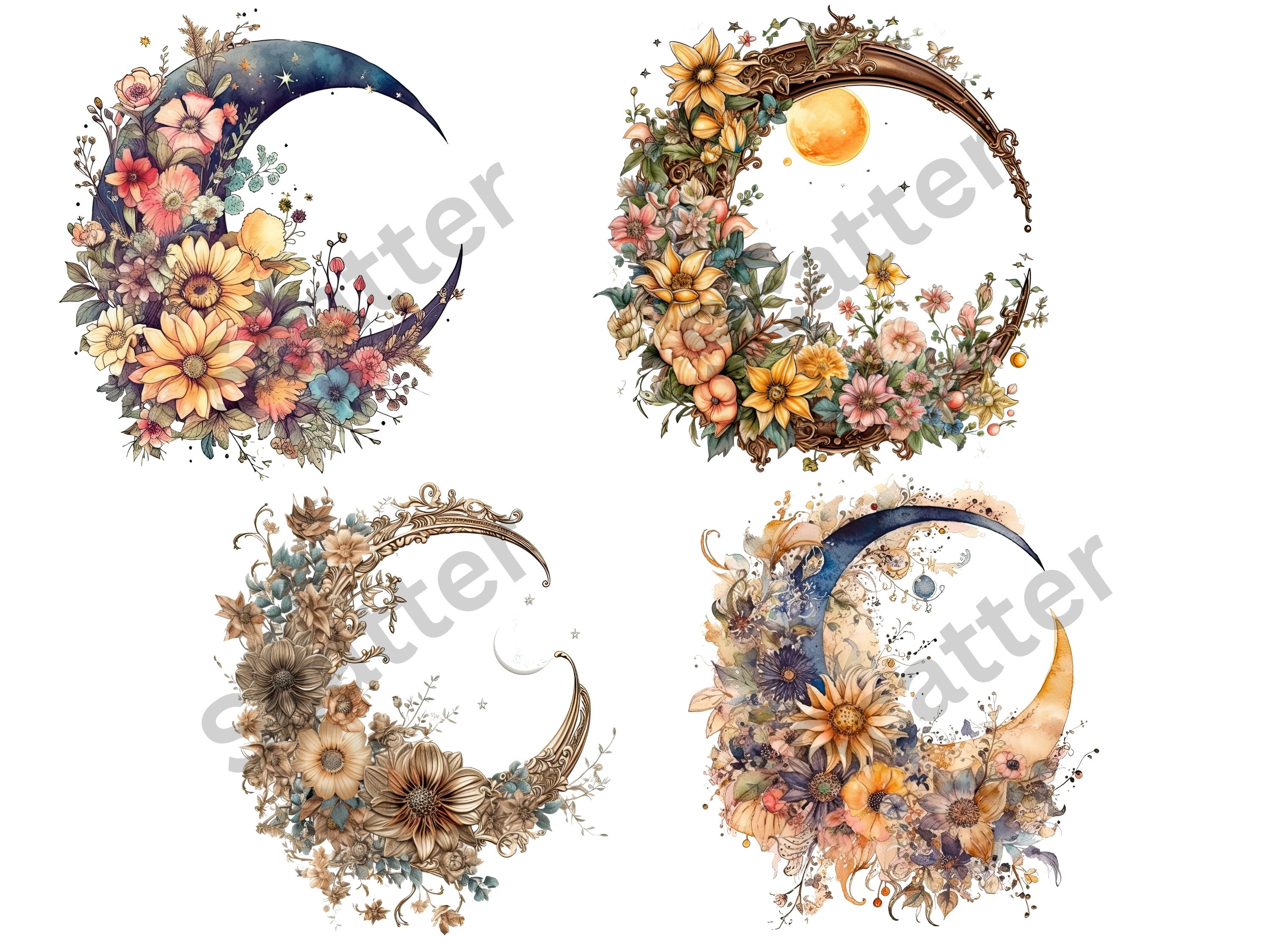 Cottagecore Watercolor Moon Clipart | Floral Moon | Owl and Moon PNG ...
