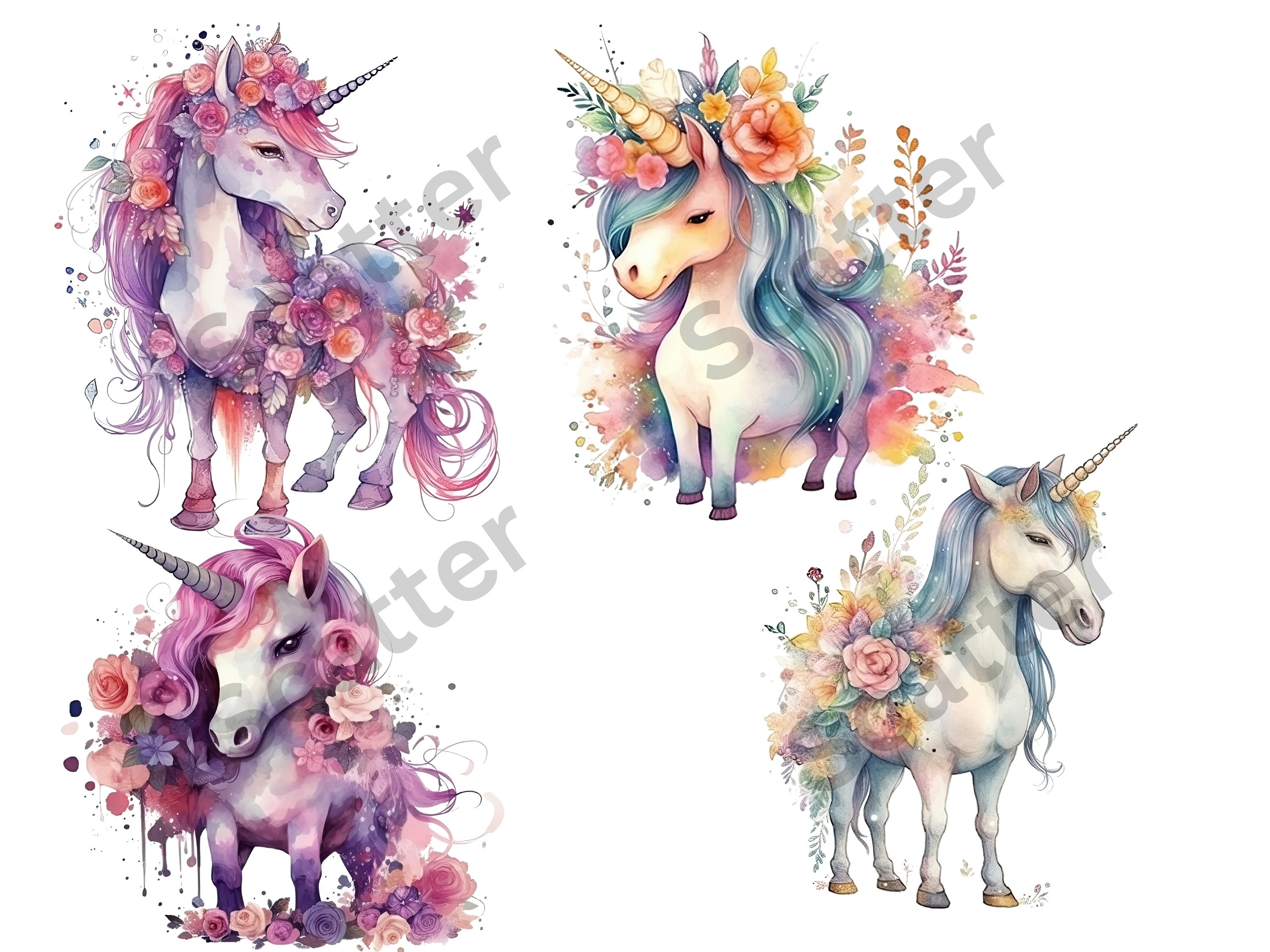 Adorable Unicorn Clipart Set - Rainbow SVG & PNG Watercolor Elements ...